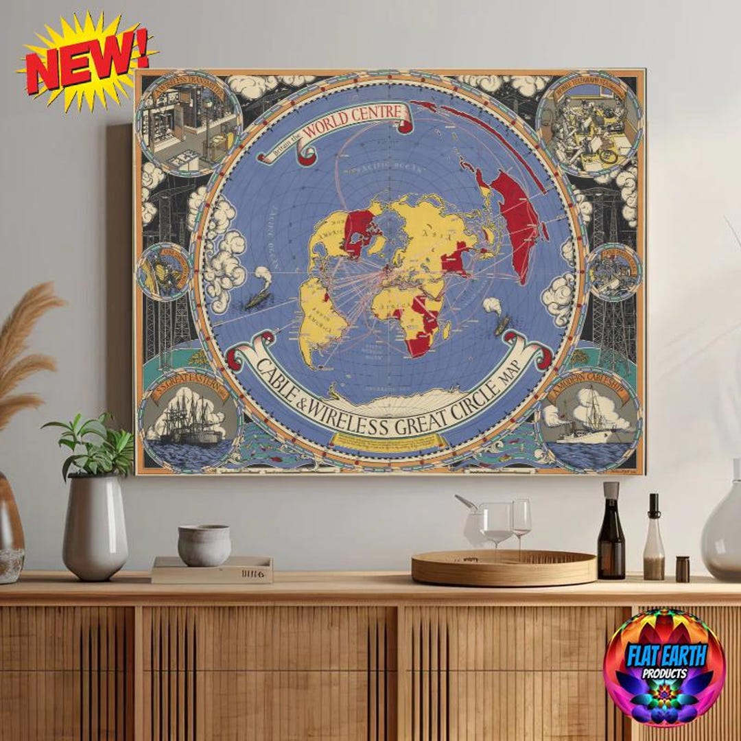 Cable & Wireless Great Circle Flat Earth World Map Canvas Poster 1945 ...