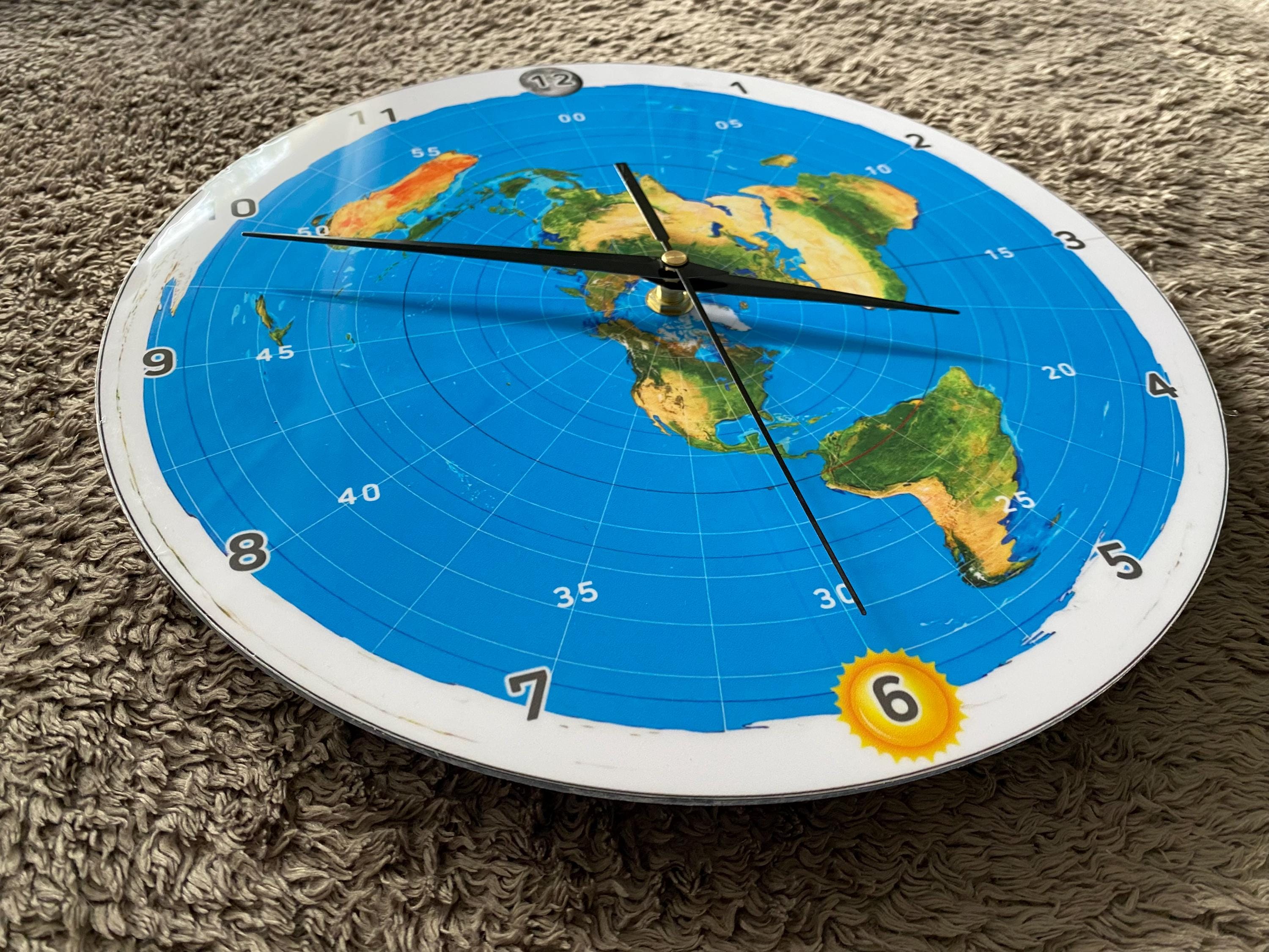 Flat Earth 24-hour Mechanism Wall Clock Azimuthal Equidistant World Map ...
