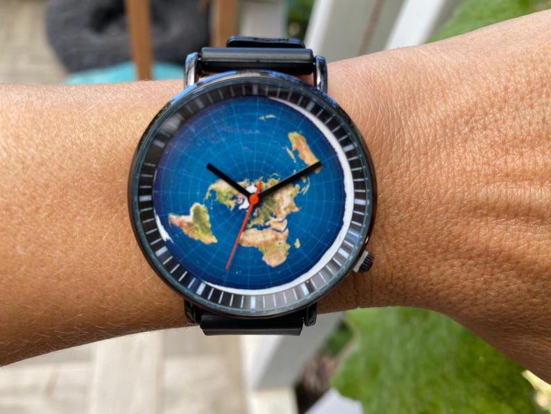 Wristwatch Flat Earth Map Blue Watch for Men Women Black Azimuthal ...
