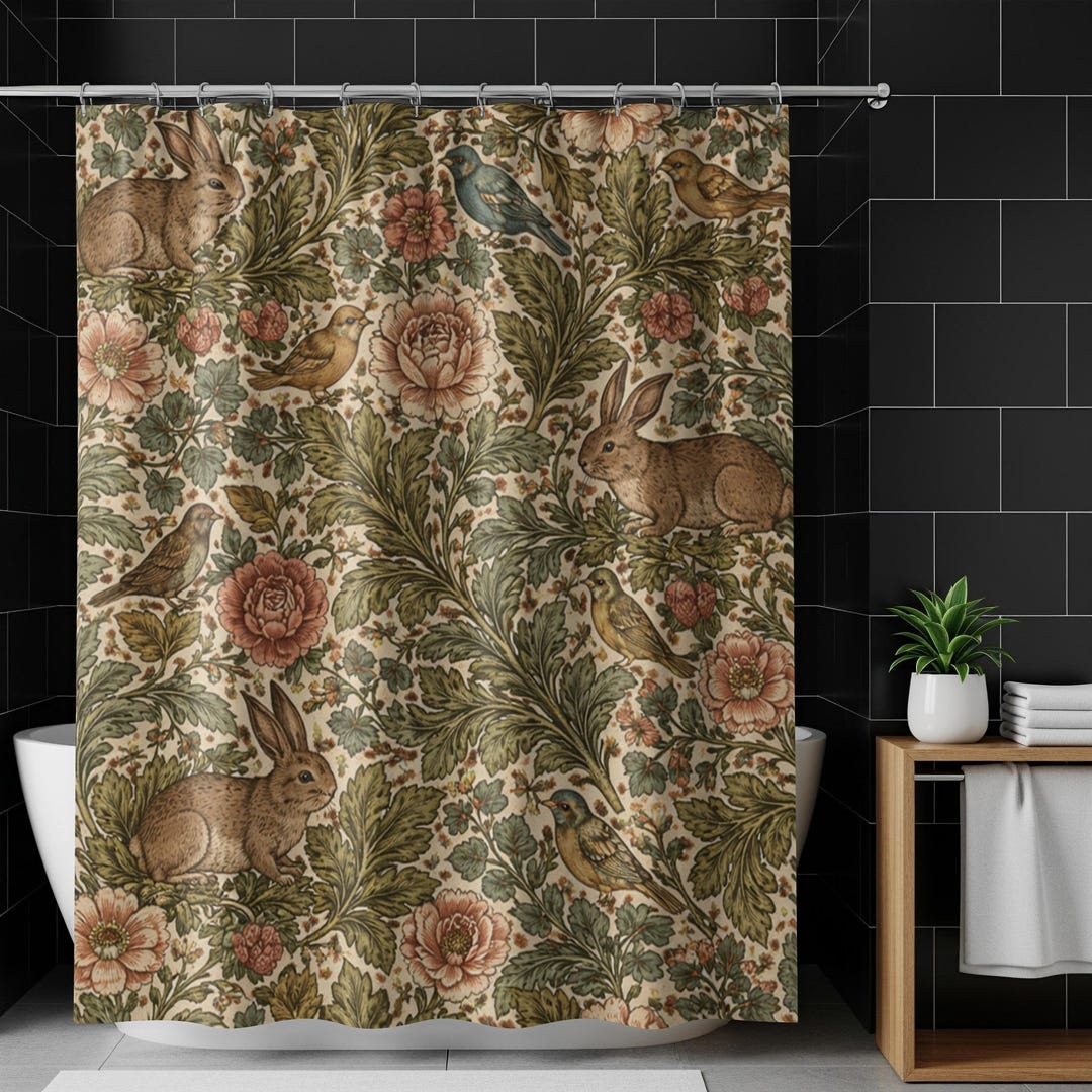 William Morris Shower Curtain, Rabbit Bird Floral, Nature Inspired ...