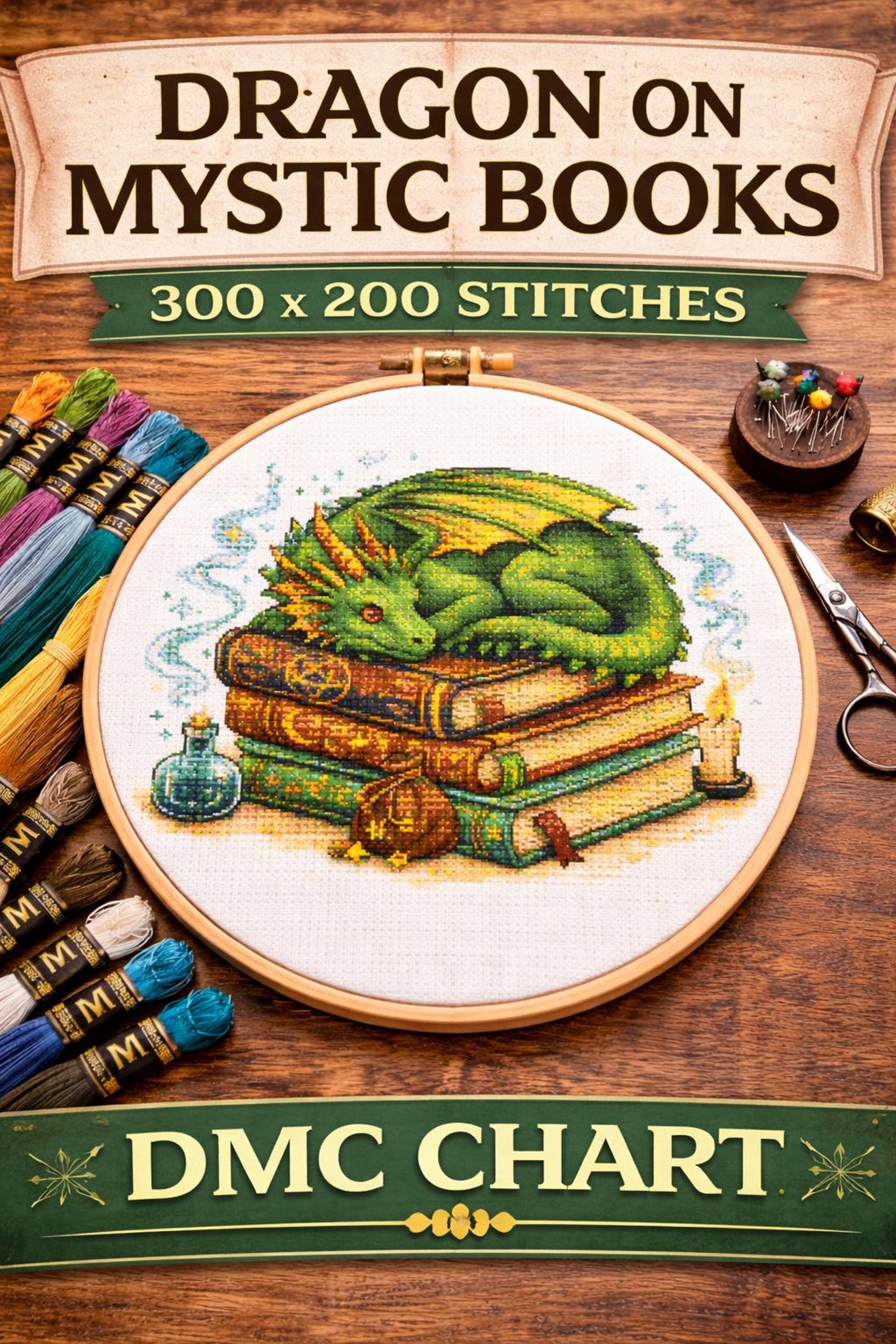 Dragon on Mystic Books Cross Stitch Pattern 300x200 DMC Chart | Fantasy ...