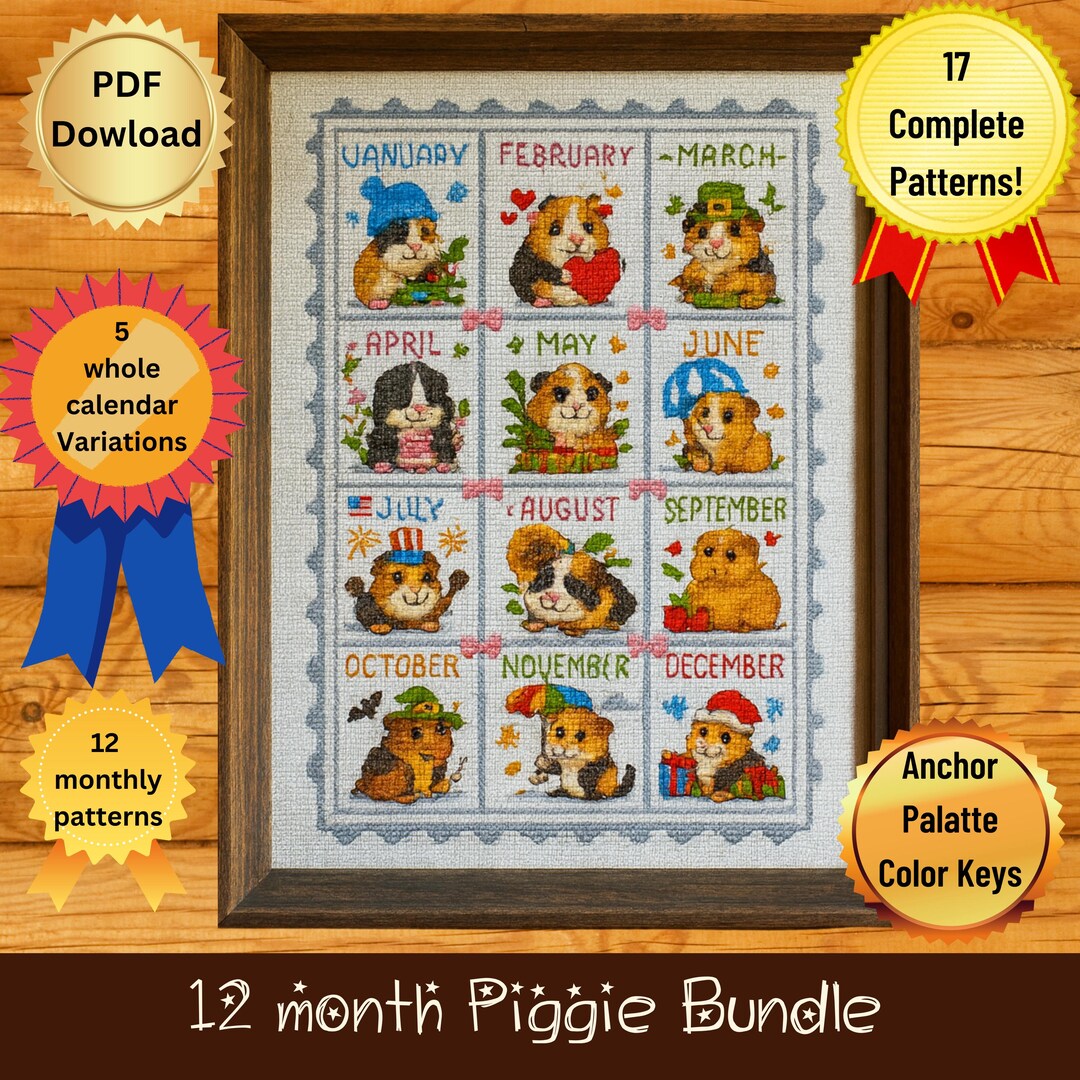 2025 Guinea Pig Calendar Cross Stitch Pattern: Monthly Designs (PDF) - Etsy