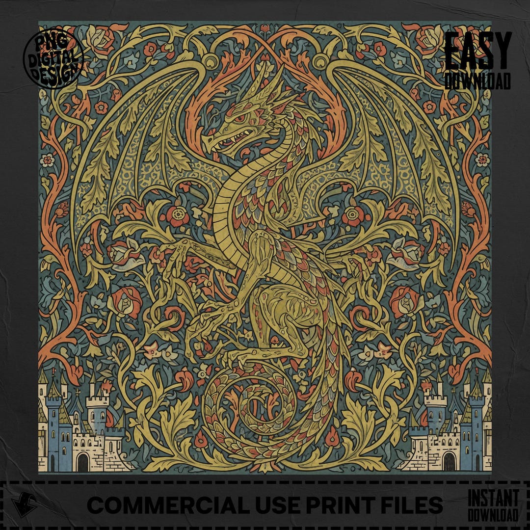 William Morris Dragon Art Digital Print, Floral Dragon Wall Art ...