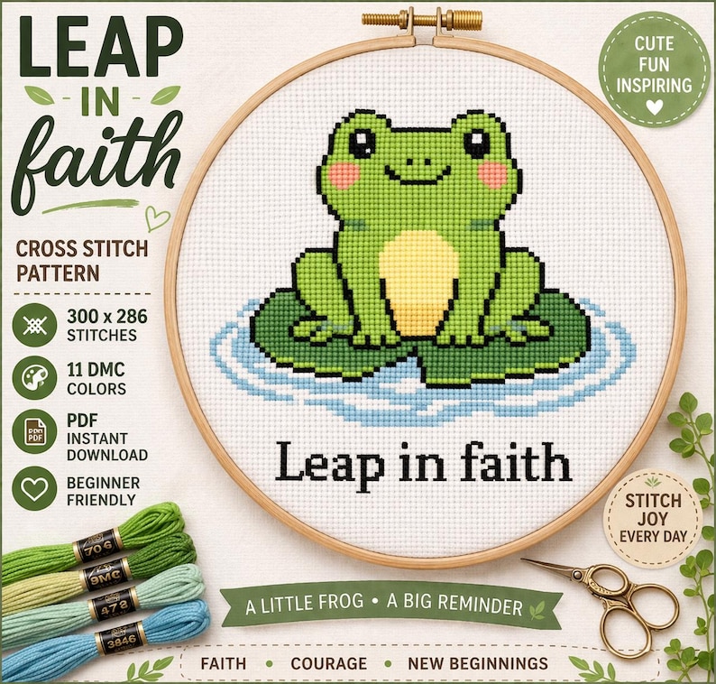 Frog Cross Stitch Pattern, Cottagecore Lily Pad Design (PDF Download ...