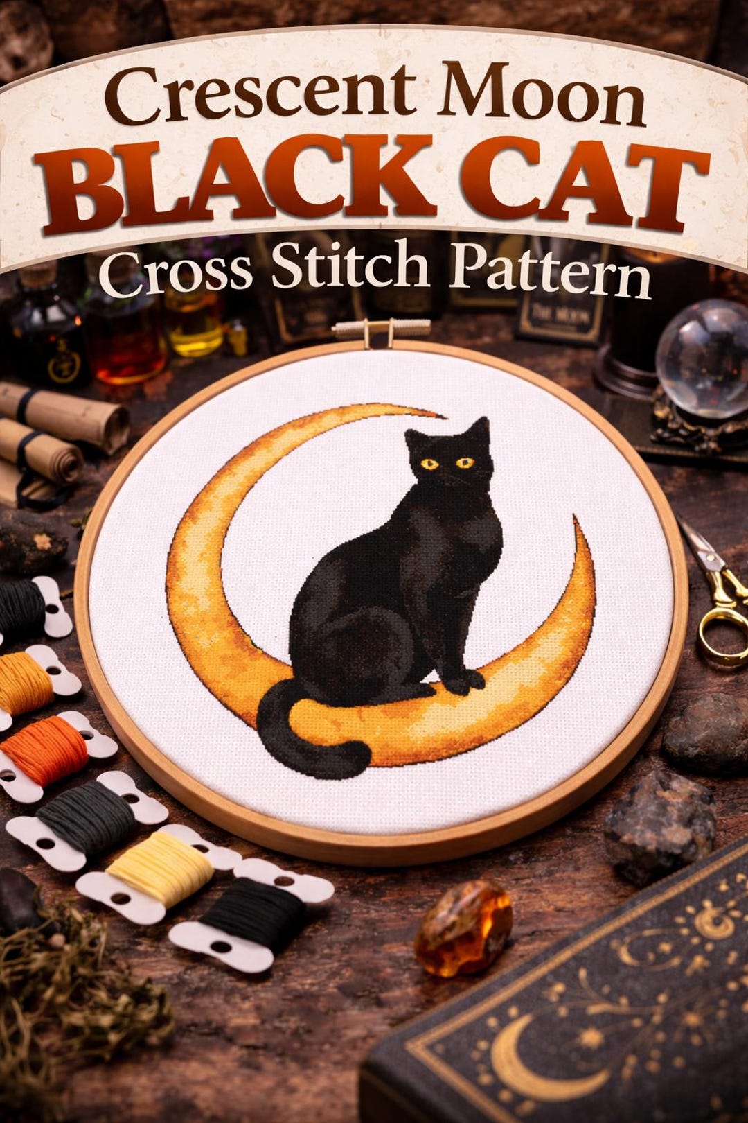 Crescent Moon Black Cat Cross Stitch Pattern 300x300 Stitches Easy 9 ...