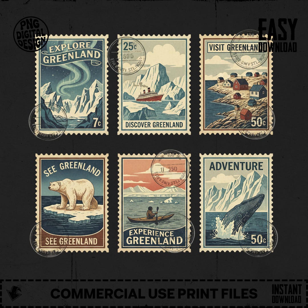 Greenland Stamp Digital Art, Adventure Stamp, Polar Bear, Aurora ...