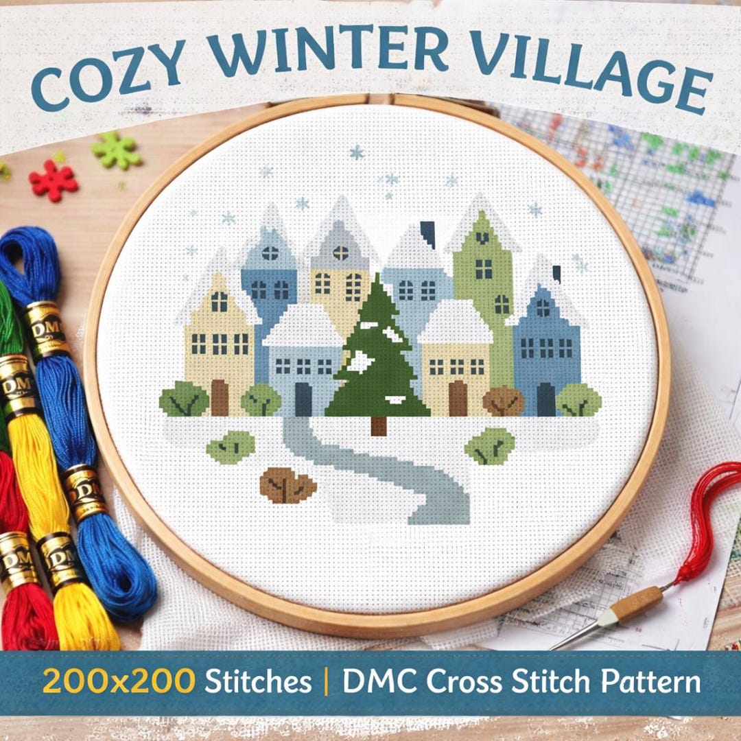 Winter Village Cross Stitch Pattern PDF | 200x200 DMC Chart | Snowy ...