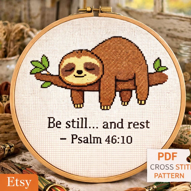 Sloth Cross Stitch Pattern, Psalm 46:10, Bible Verse Embroidery ...