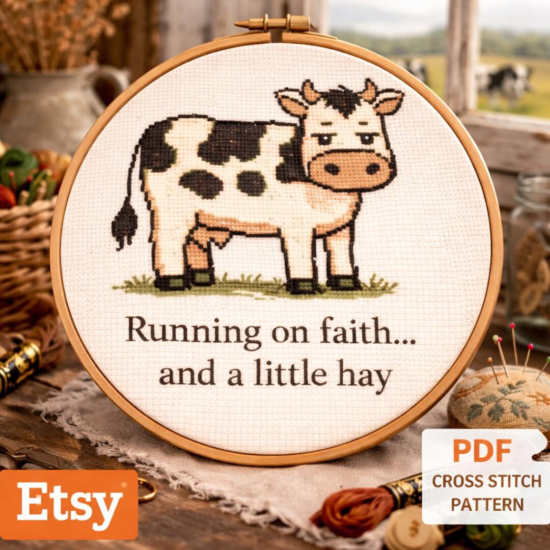 Funny Cow Cross Stitch Pattern, Christian Farmhouse Decor, Running on ...