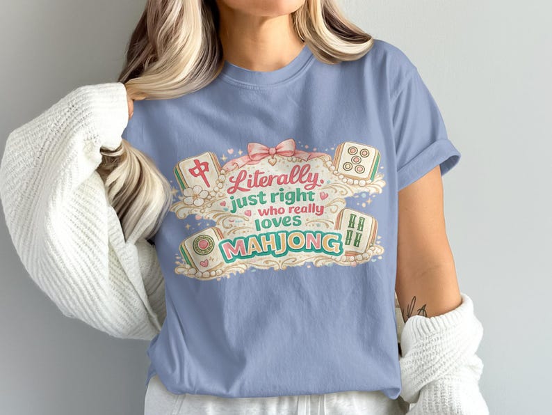 Mahjong T-shirt, Watercolor Tiles, Pink Bow Graphic Tee, Game Night ...