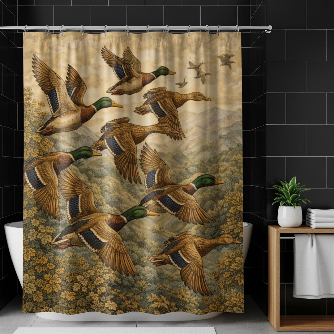 William Morris Style Flying Mallard Ducks Shower Curtain, Vintage Bird ...