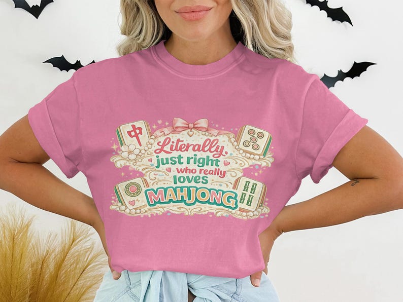 Mahjong T-shirt, Watercolor Tiles, Pink Bow Graphic Tee, Game Night ...