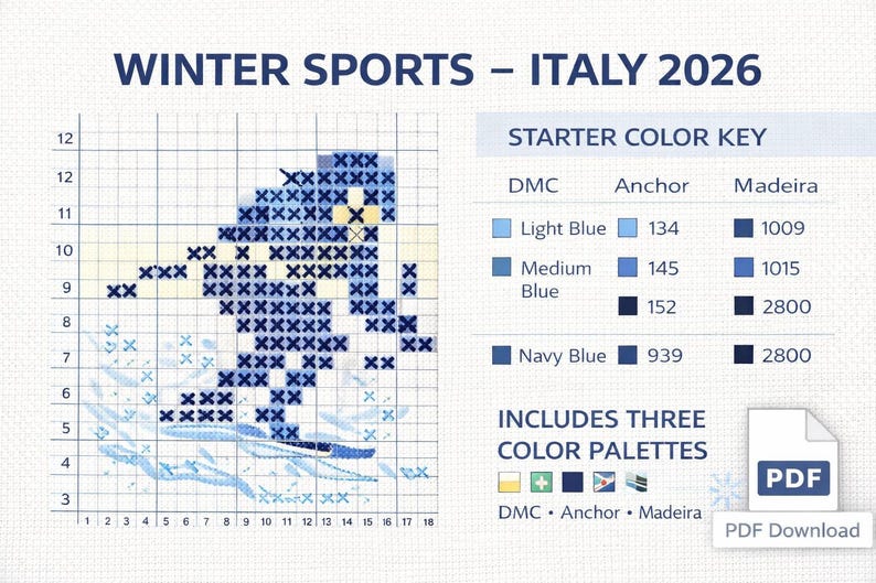 Italy 2026 Winter Sports Cross Stitch Pattern | International Winter ...