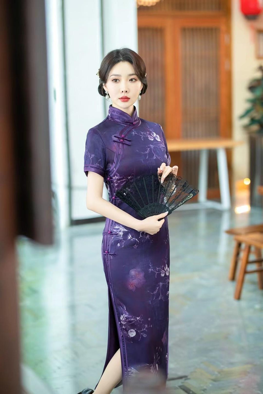 Traditional Purple Chinese Clothing Flower Cheongsam Modern Dress ...