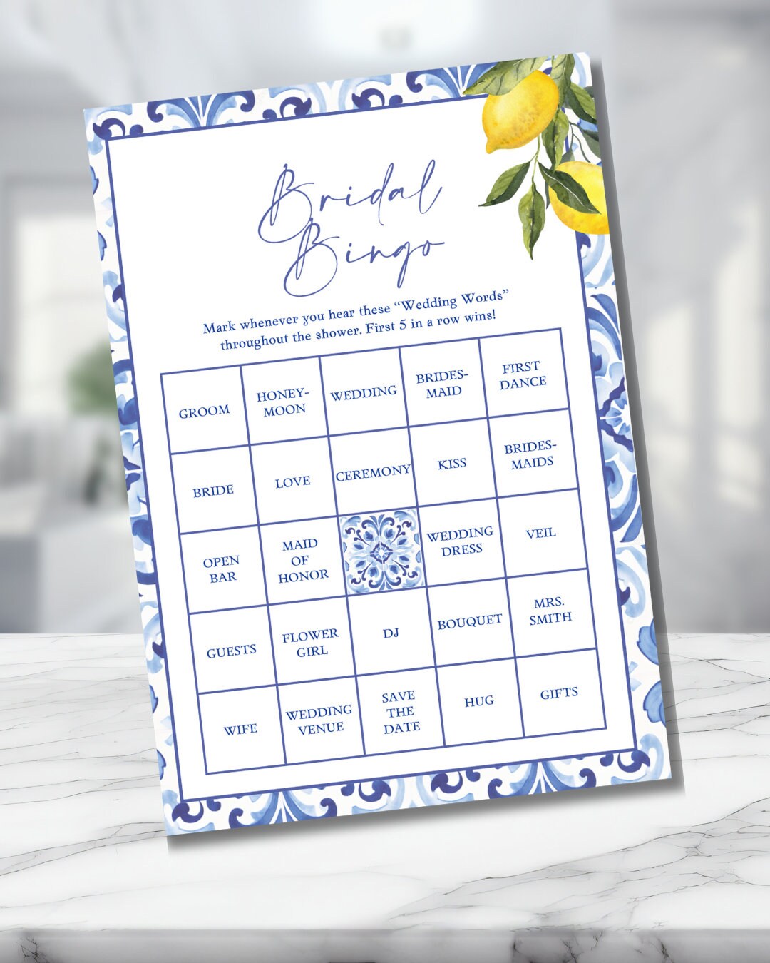 Positano Bridal Shower Bingo Game, Blue Tile & Lemon, Editable Template ...