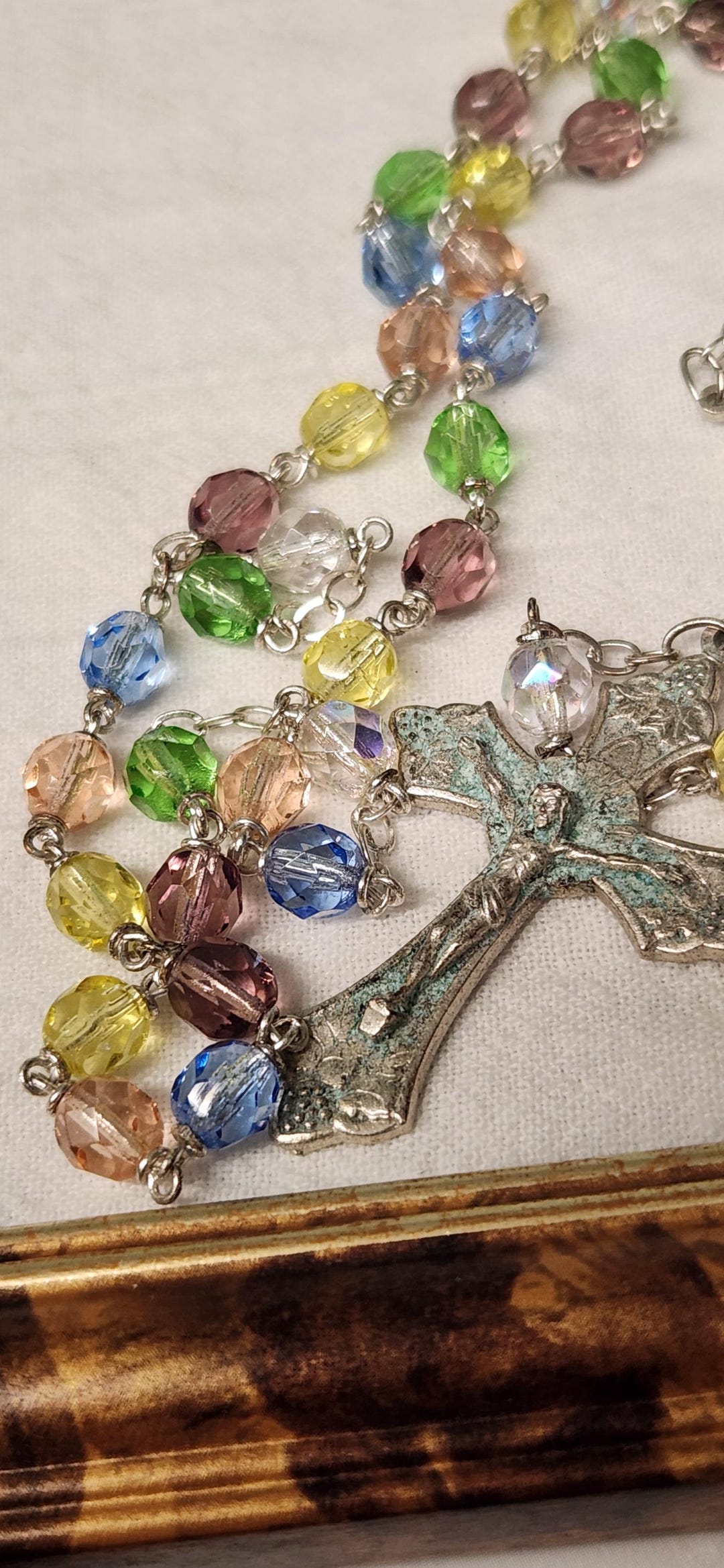 Vintage Multicolor Glass Rosary 6mm Faceted Beads Catholic Devotional ...