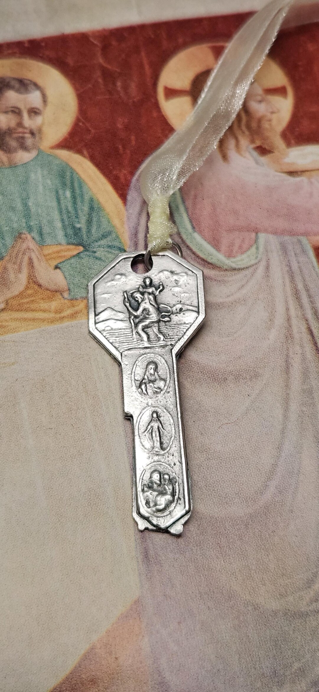 Saint Christopher Key Pendant: Travel Protection, Oxidized Silver ...