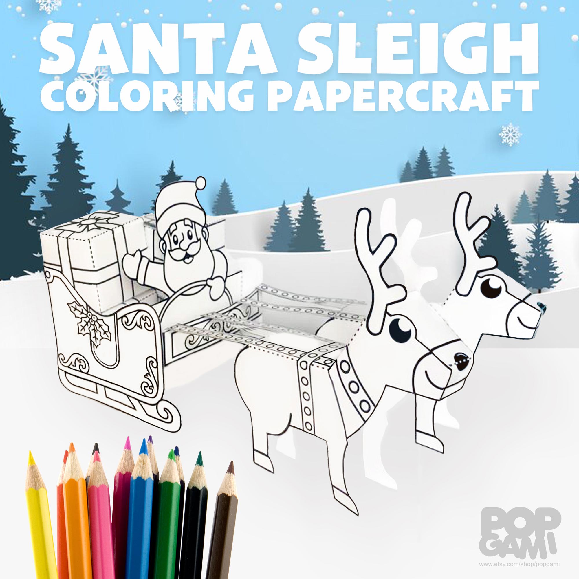 Santa Sleigh Christmas Coloring Papercraft Activity Template Papertoy ...