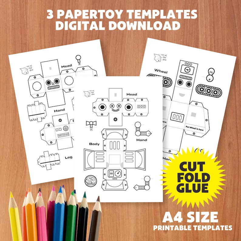 Paper Toy Robot Set Coloring Activity Page DIY Printable Paper Craft ...
