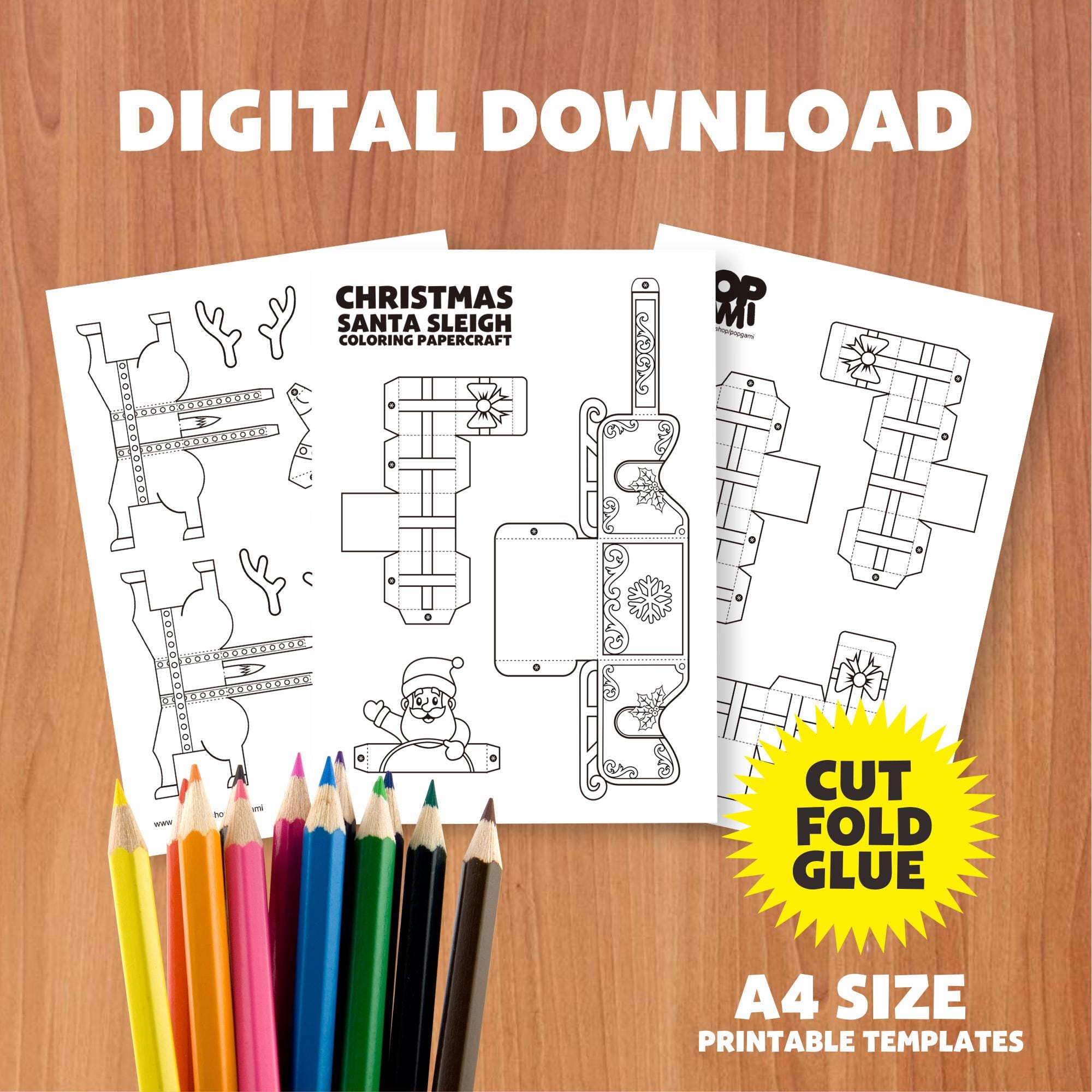 Santa Sleigh Christmas Coloring Papercraft Activity Template Papertoy ...