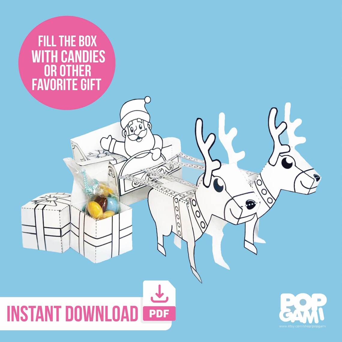 Santa Sleigh Christmas Coloring Papercraft Activity Template Papertoy ...