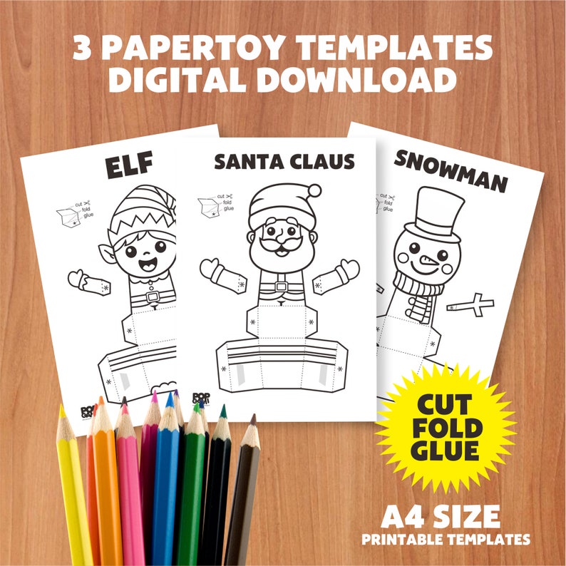 Christmas Papercraft: Santa, Elf & Snowman Coloring Activity (digital ...