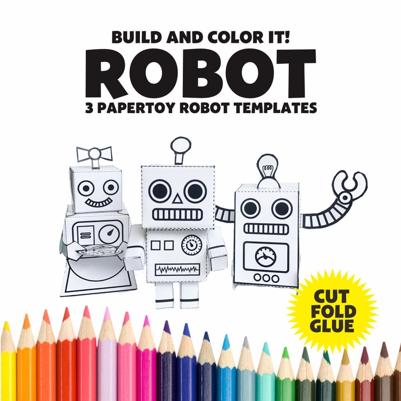 Paper Toy Robot Set Coloring Activity Page DIY Printable Paper Craft ...