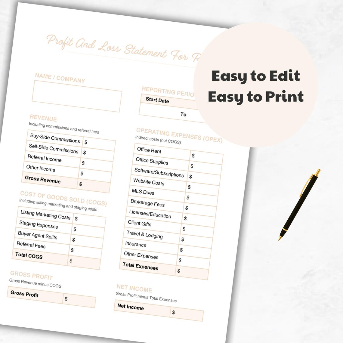 Realtor and Real Estate Agent Profit and Loss Statement Template ...