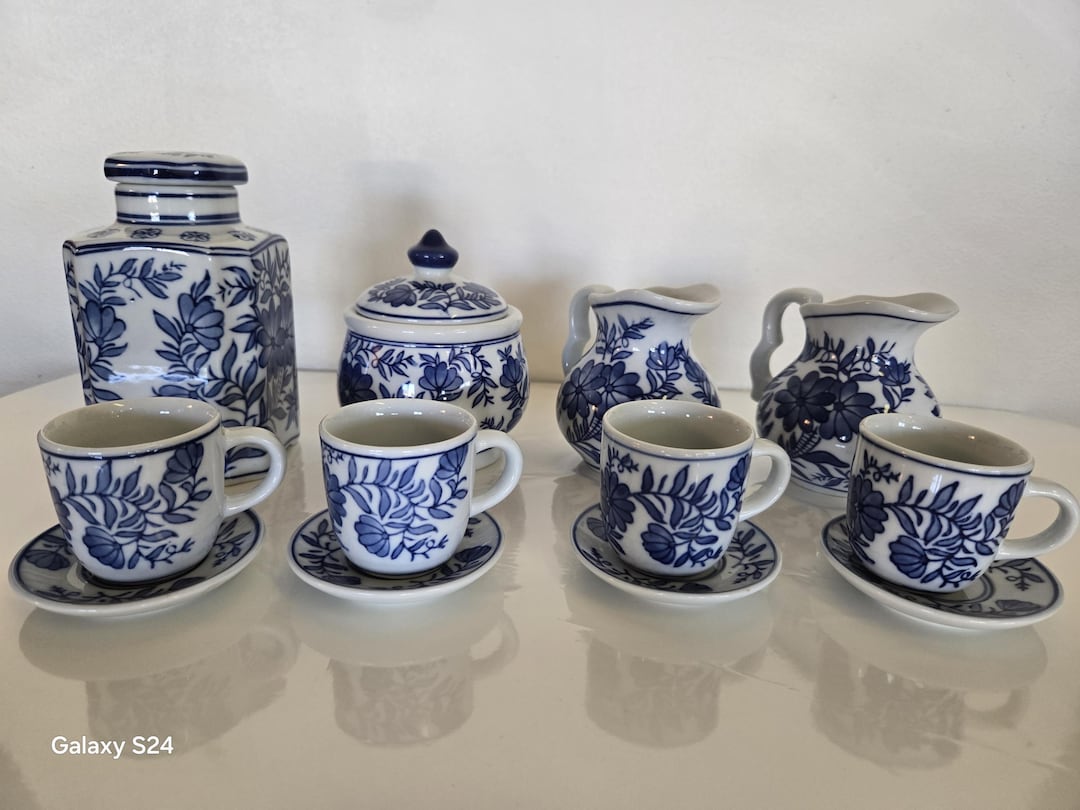 Vintage Blue and White Porcelain Tea Set – Floral Design With Creamers ...