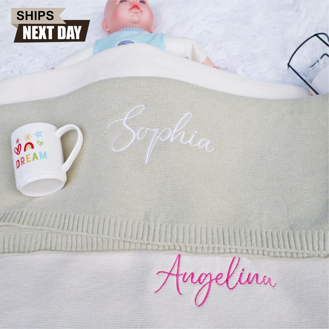 Embroidered Baby Name Knitted Blanket, Custom New Born Baby Name ...