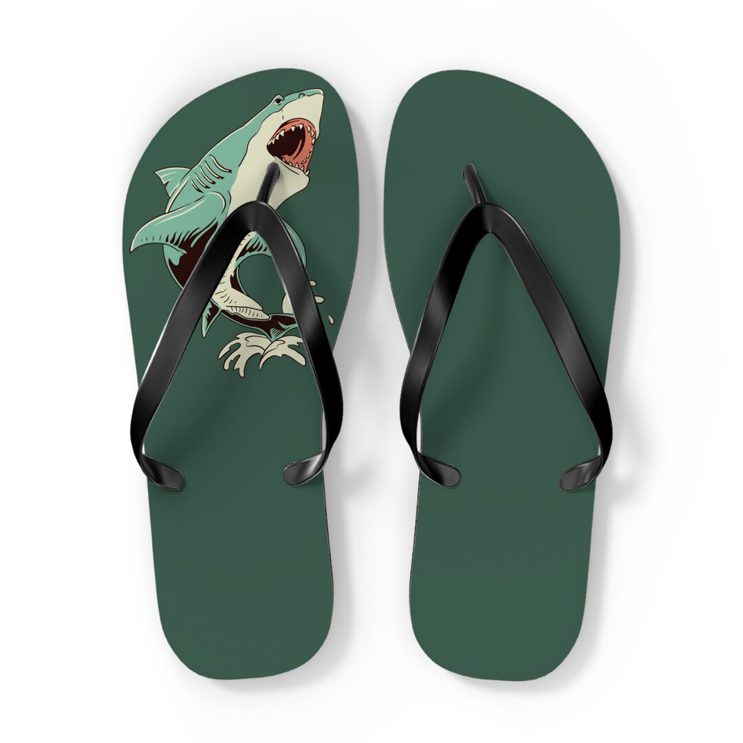 Shark Flip Flops / Shark Thong Sandals / Shark on Green Print / Shark ...
