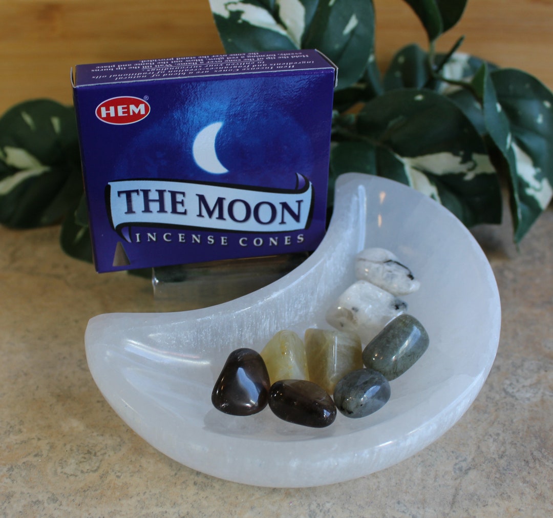 Crystal Energy Moon Set Tumbled Stones Selenite Bowl Incense Cones ...