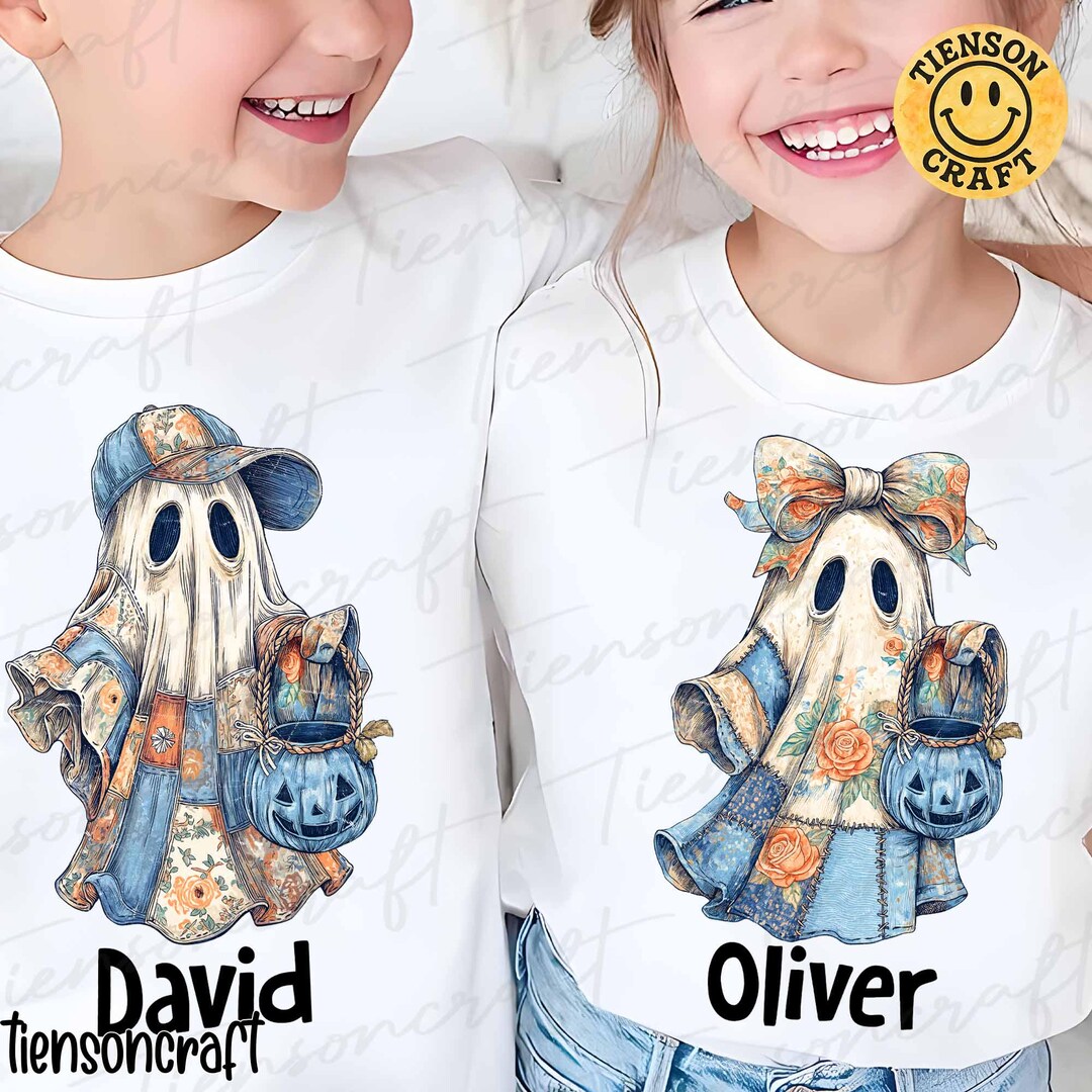 Custom Retro Halloween Blue Denim Ghost Png, Trendy Patchwork Spooky ...