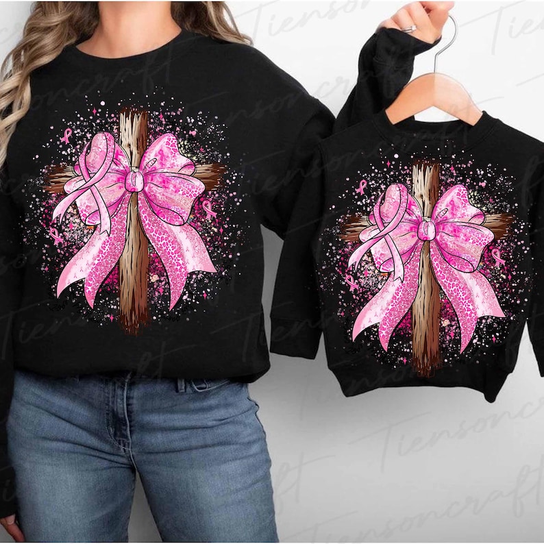 Preppy Jesus Pink Bow Cross Breast Cancer, Breast Cancer Faux Glitter ...