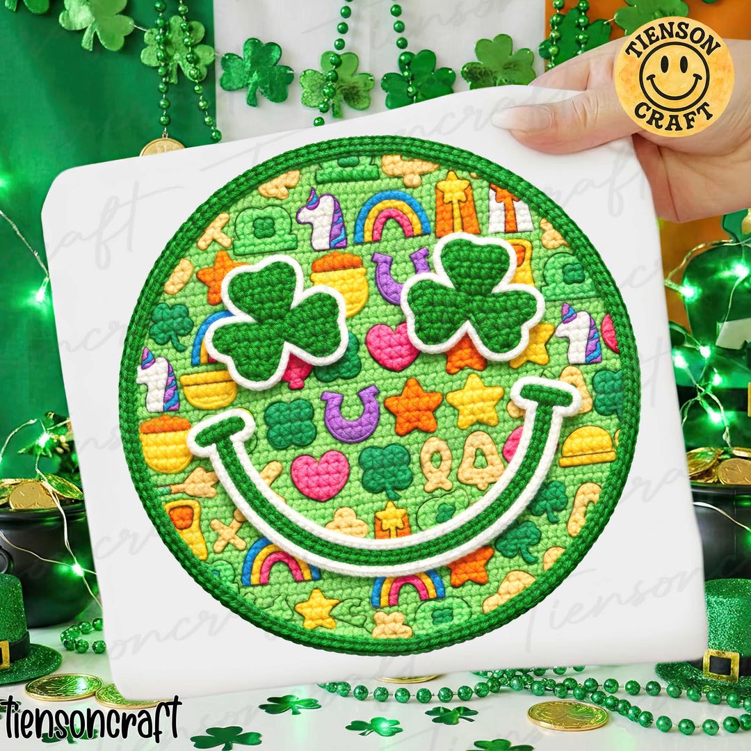 Faux Yarn Lucky Charm Smiley Face Png, Crochet St Patricks Day Smiley ...