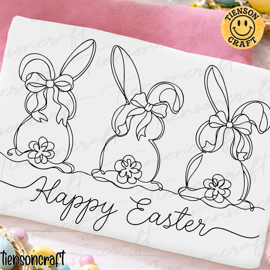 Happy Easter Line Art SVG PNG, Continuous Line Bunny Eggs Wildflowers ...
