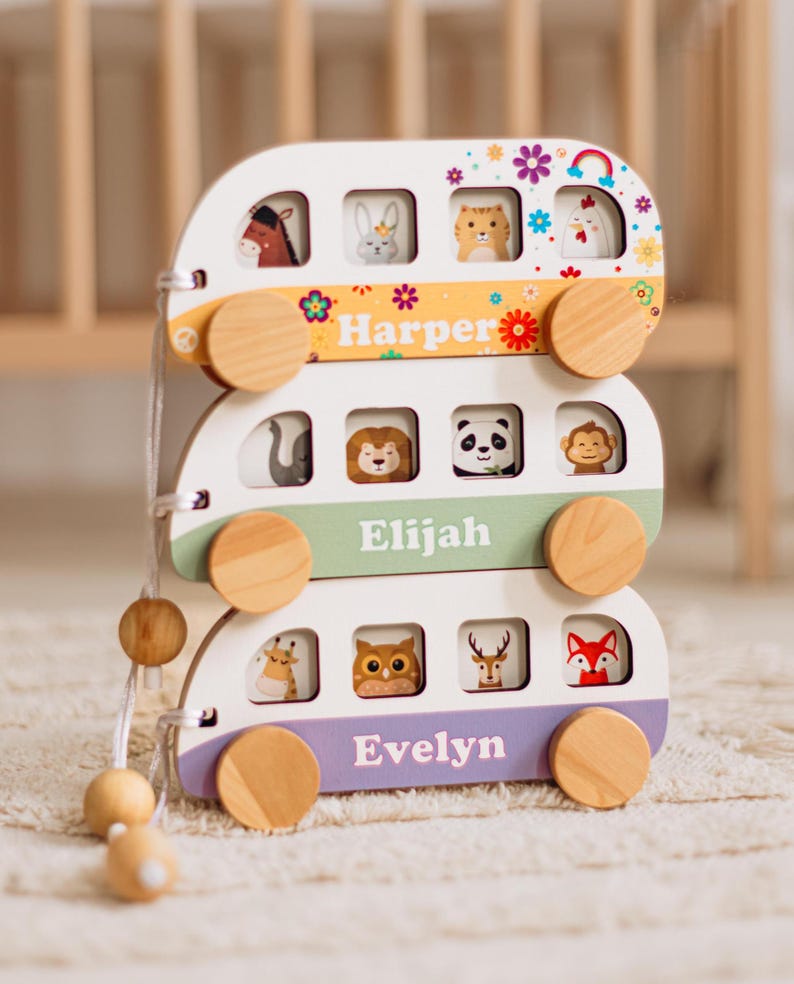 Wooden Small Pull Toy Bus With Animals Choice - 1st Birthday ...