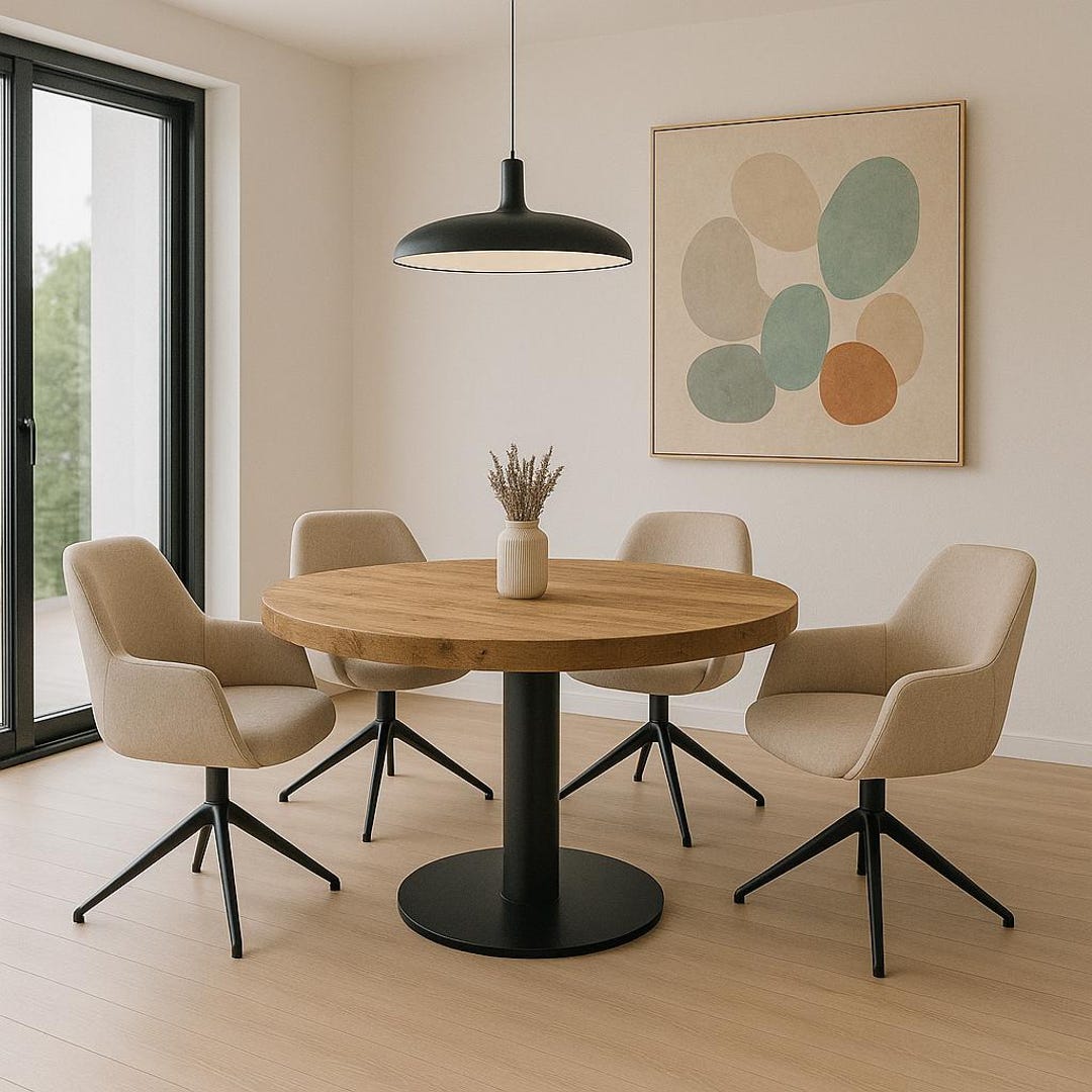 Round Dining Table Made of Reclaimed Oak, Solid Wood Table With Metal ...