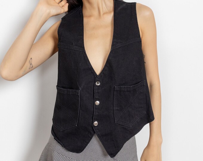 BLACK DENIM VEST Low Cut V-neck Snaps Western Cowgirl Vintage Jean ...