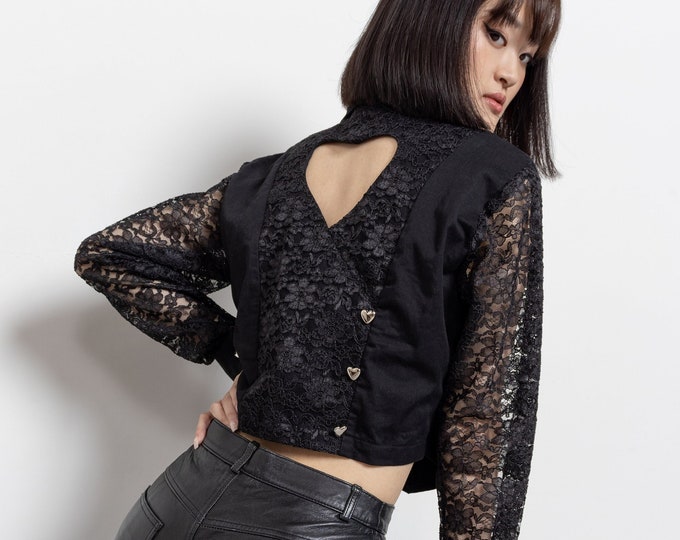 CROPPED LACE BLAZER Heart Cut Out Jacket Vintage Black 80's Cute ...