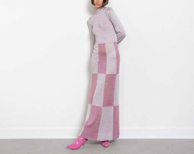PINK CHECKERED METALLIC Wenjilli Maxi Dress Long Sleeves Mock Neck ...