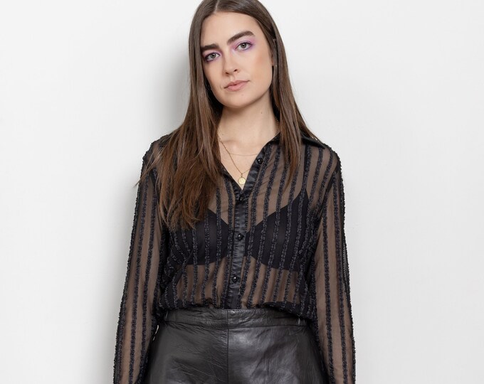 SHEER LACE STRETCHY Black Party Top Stripe Shirt Blouse Stretchy ...