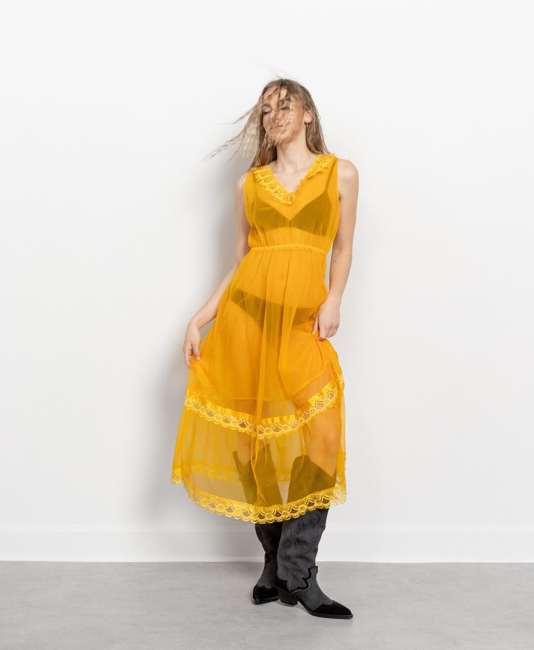 YELLOW MESH MAXI Dress See Through Sheer Lace Nylon Frilly 60s 70s ...