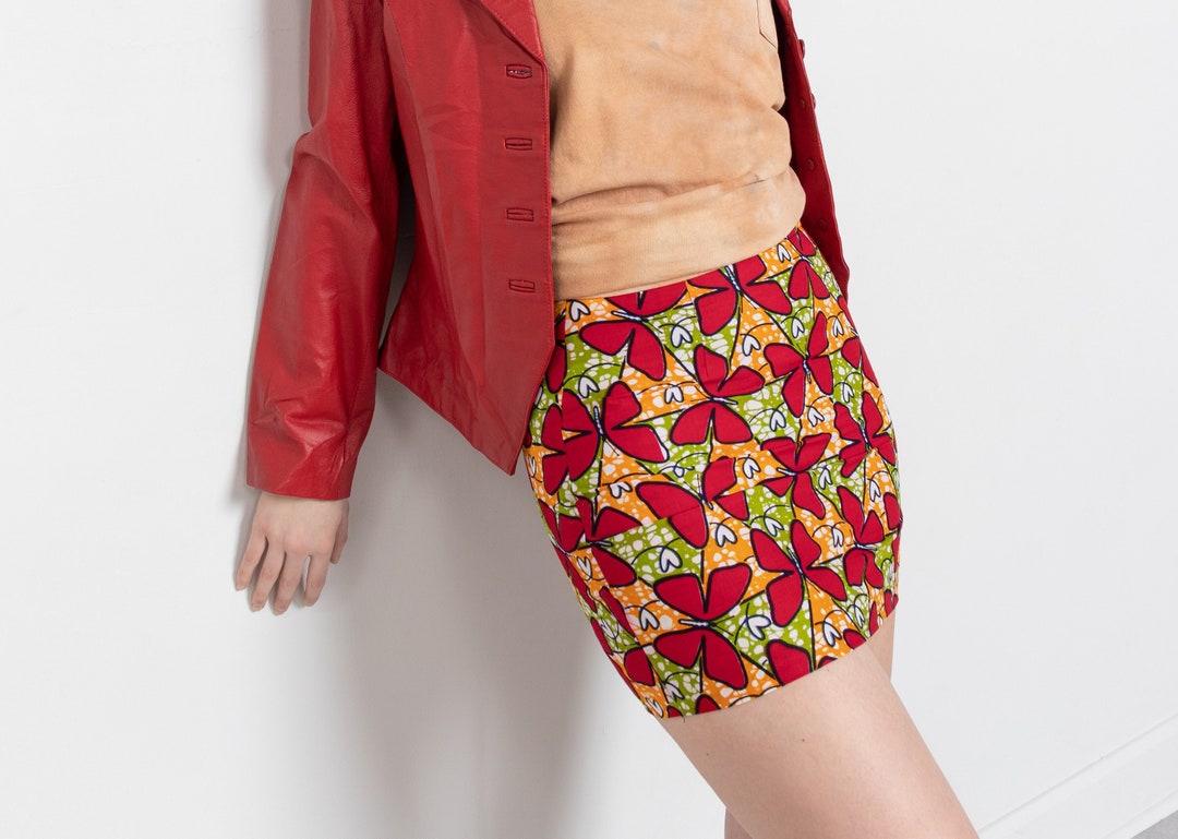 COTTON BUTTERFLY MINI Skirt Vintage High Waist Green Red Yellow Pencil ...
