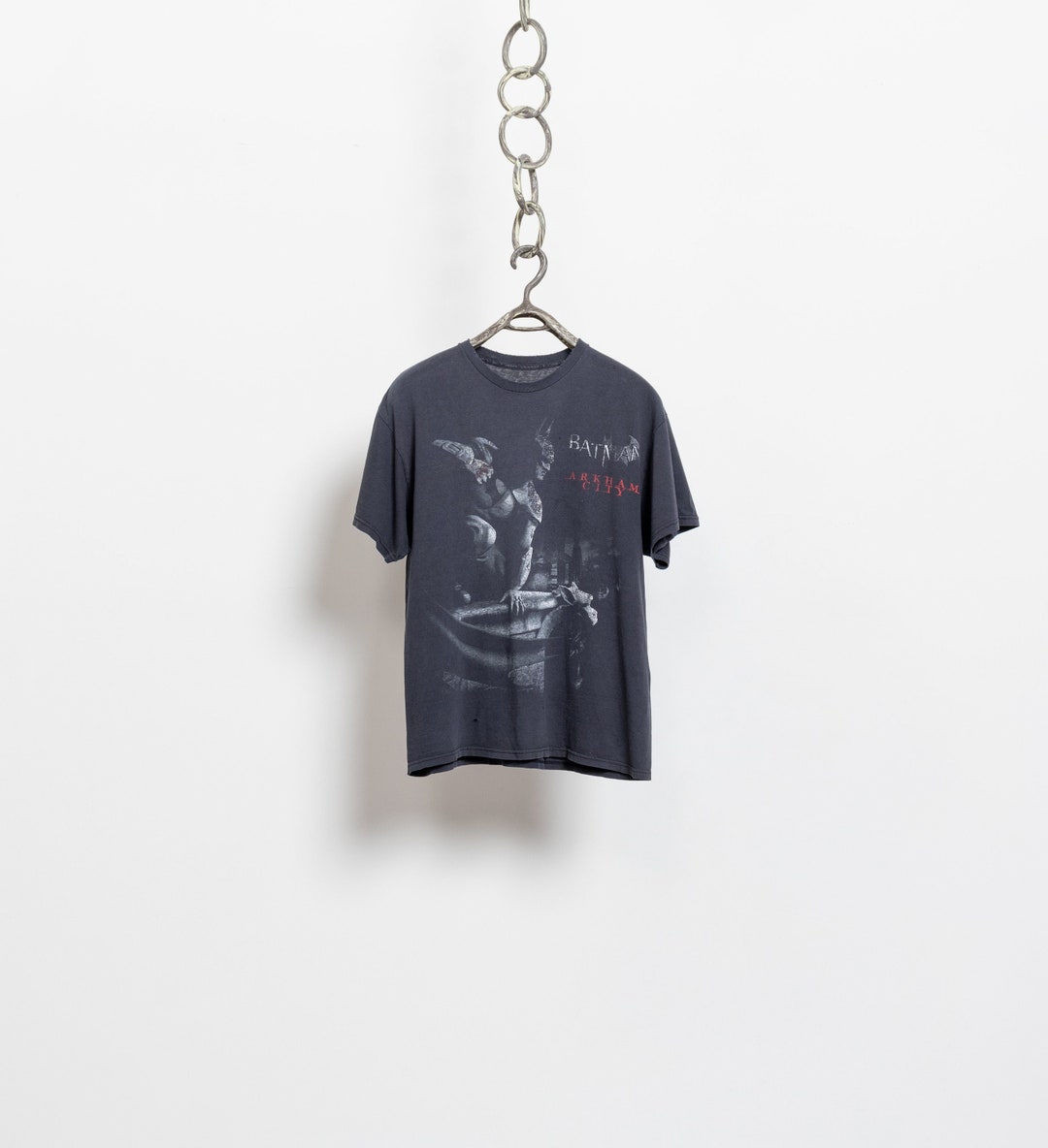 BATMAN ARKHAM CITY Ripped Faded Black T-shirt Distressed Oversize Grey ...