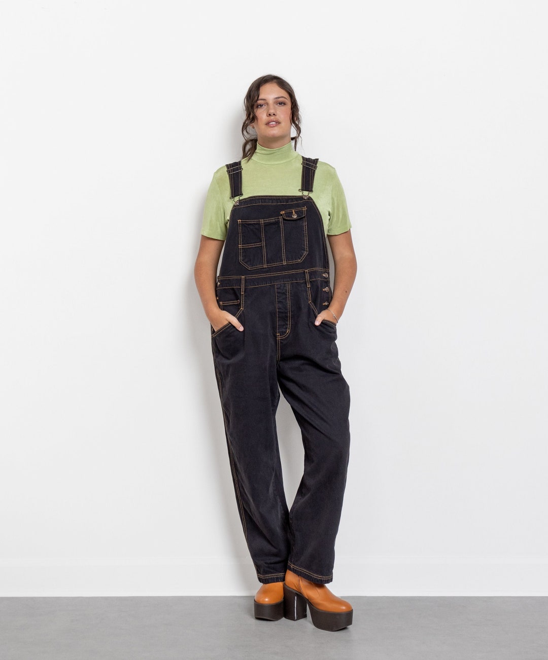 BLACK DENIM OVERALLS White Stitching Vintage Baggy Workwear Dungarees ...