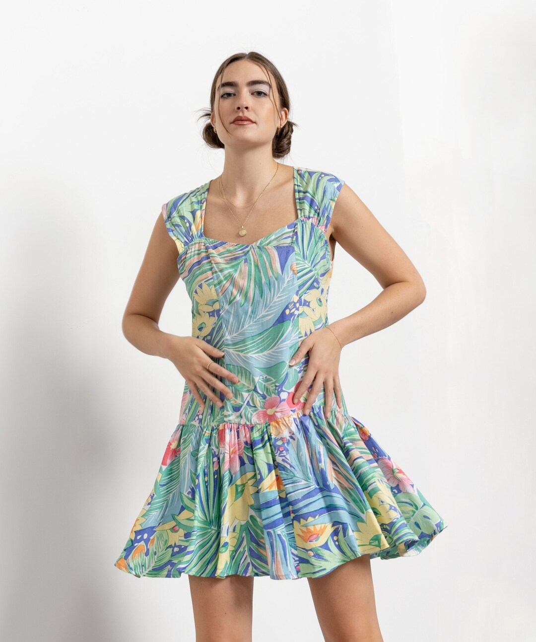 PASTEL FLORAL DRESS Vintage Midi Flowy Blue Flowers Summer Sundress 90 ...