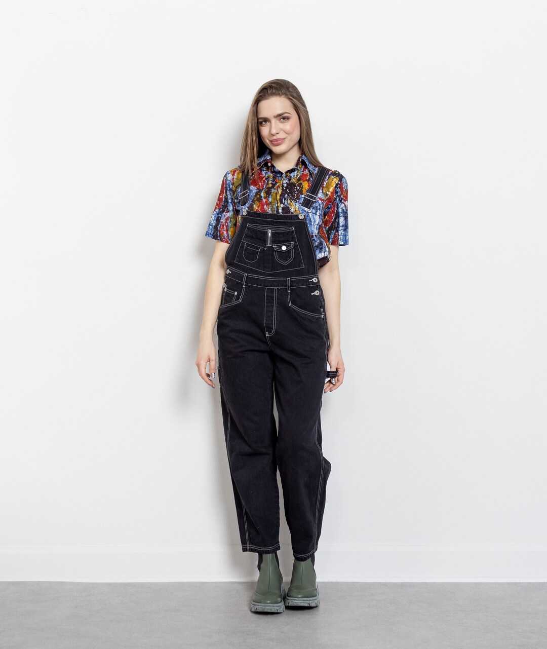 BLACK DENIM OVERALLS White Stitching Vintage Baggy Workwear Dungarees ...