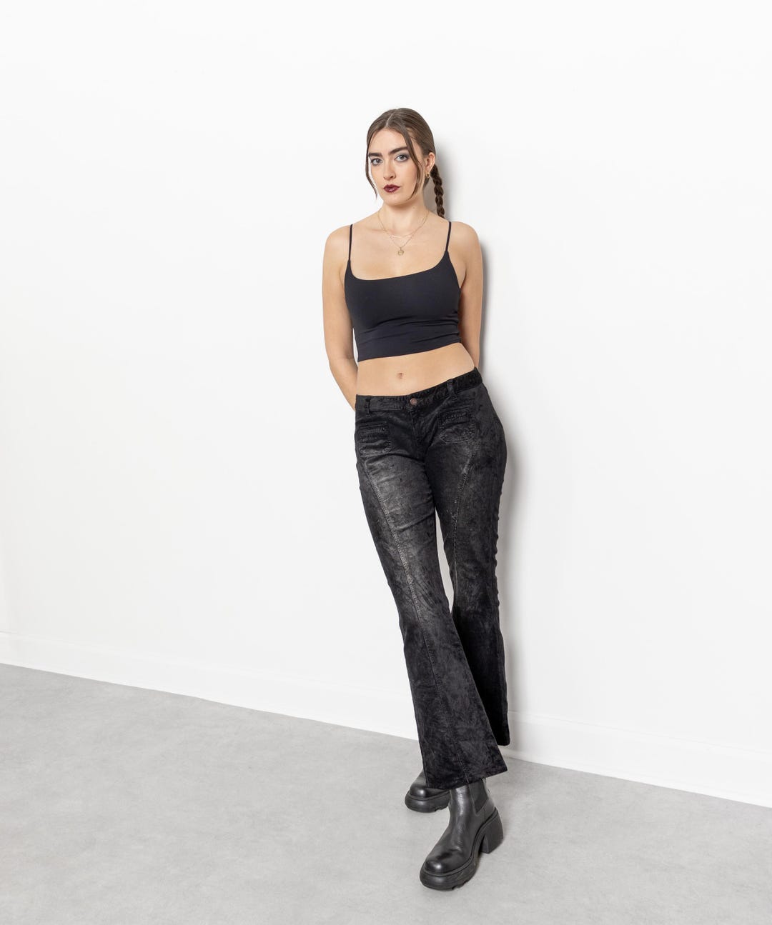BLACK CORDUROY Low Rise Flares Fall Soft Y2K Pockets Baggy / 41 42 Inch ...