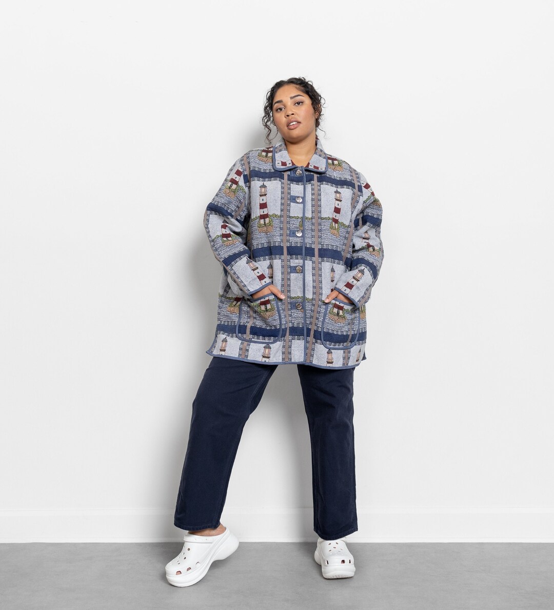 WOVEN JACKET LIGHTHOUSES Vintage Cotton Tapestry Coat Blazer Outerwear ...